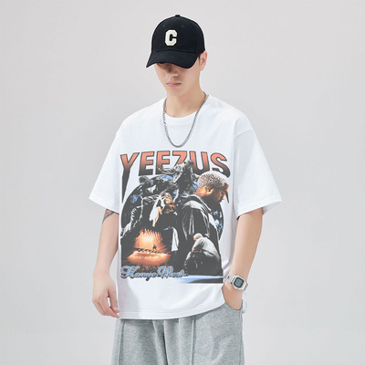 Kanye Omari West侃耶美式小领口摇滚纯棉Hiphop潮流宽松短袖t恤