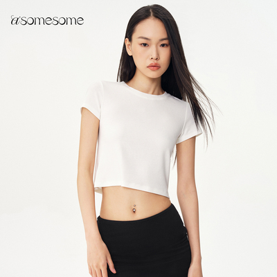 asomesome美式白色圆领正肩短袖T恤女夏短款弹力修身显瘦运动上衣