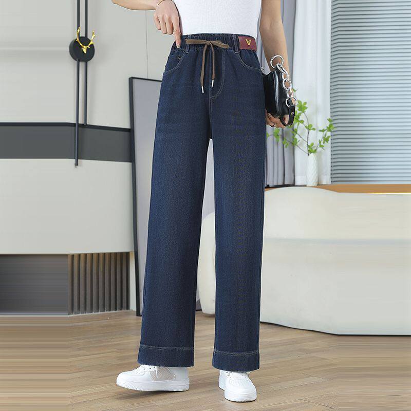 妈妈装松紧高腰牛仔裤女2026春夏装新款中老年宽松直筒阔腿裤长裤