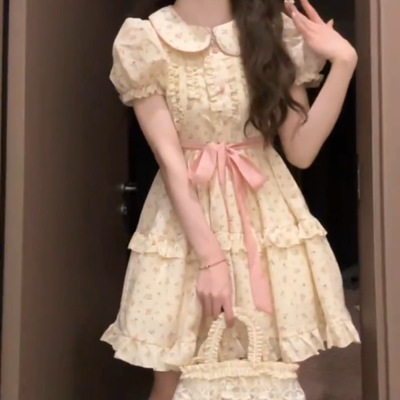 2026学生甜美碎花连衣裙女夏季泡泡袖小个子公主蛋糕裙收腰蓬蓬裙
