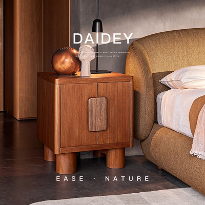 已夏系列静谧中古复古柚木色设计师实木家用储物柜卧室日式床头柜