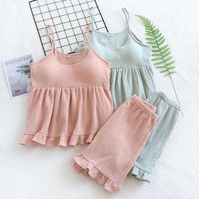 柔软绉布免文胸吊带睡衣套装少女夏季凉爽带胸垫吊带衫短裤家居服