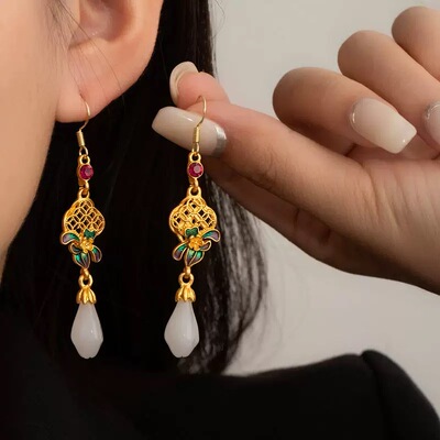 国潮新中式复古珐琅彩耳环多宝镂空钱币玉兰花古风耳饰宫廷风耳坠