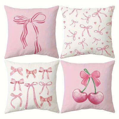 Pink bow cherry pattern printed pillowcase, soft and comfort