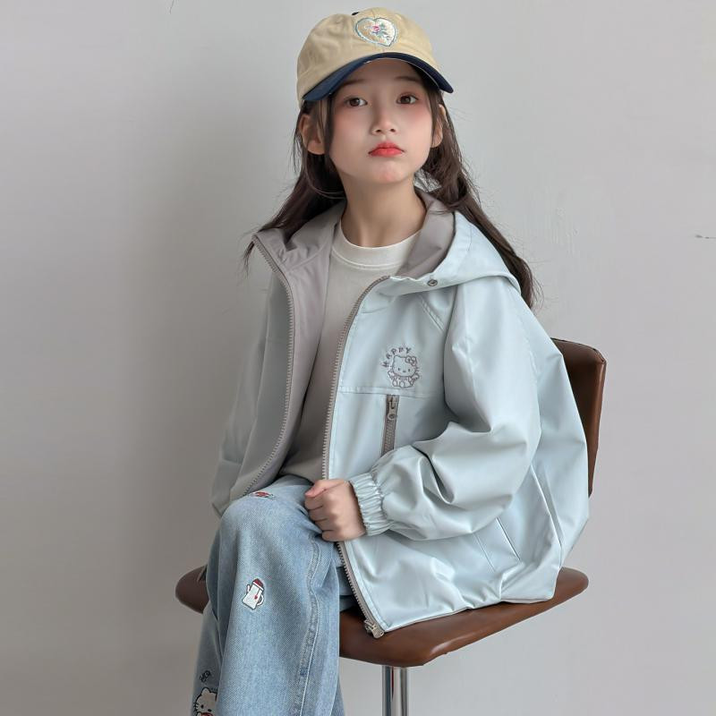 女童春装外套2026新款儿童女孩春秋连帽卡通猫咪夹克两面穿冲锋衣