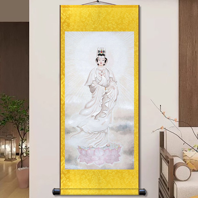 菩萨观音菩萨画像客厅挂画阿弥陀佛玄关装饰画丝绸卷轴画
