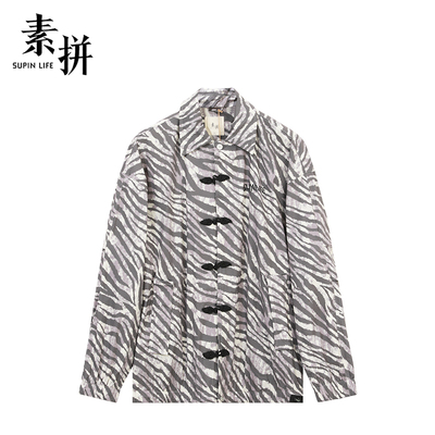 素拼男装春秋翻领夹克外套宽松潮牌豹纹男士外衣SPAWT323111AM1