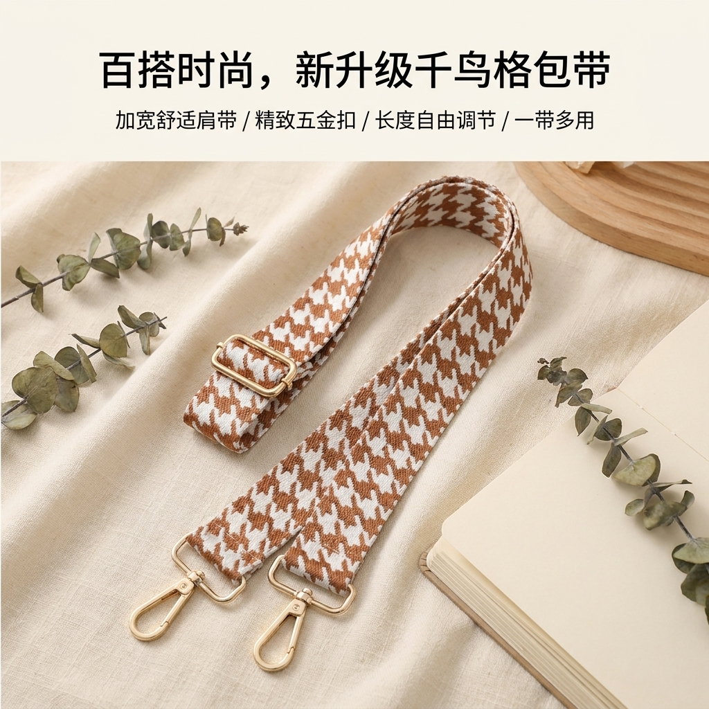 美拉德温柔咖白千鸟纹织带肩带轻奢可调节百搭女包改造更换背带