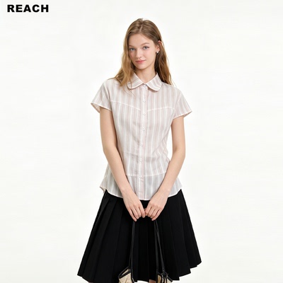 REACH设计感粉色条纹polo领短袖衬衫女夏季新款气质修身显瘦上衣