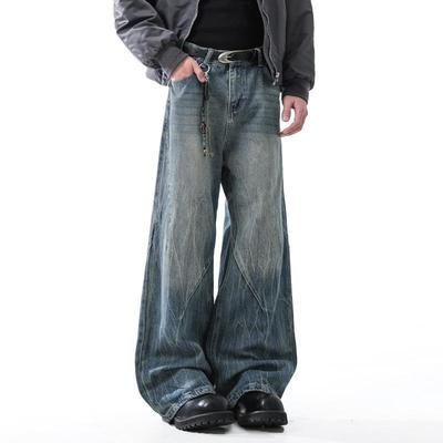 DOFERNERY 美式闪电纹水洗蓝色牛仔裤男士春秋季高街直筒休闲长裤