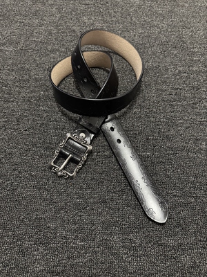 afaaa中古宫廷风二层牛皮雕花针扣黑色皮带 优雅简约通勤复古腰带