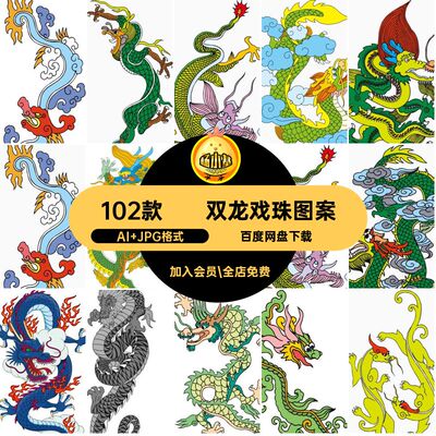 中国龙图腾矢量图案蛟龙吉祥珠PNG戏双龙免抠祥瑞AI102款·装饰
