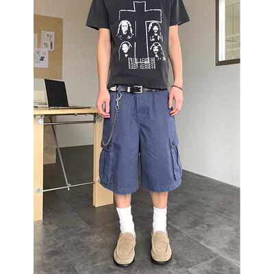 CompactDisc美式水洗法工蓝短裤五分裤口袋工装裤休闲宽松中裤男