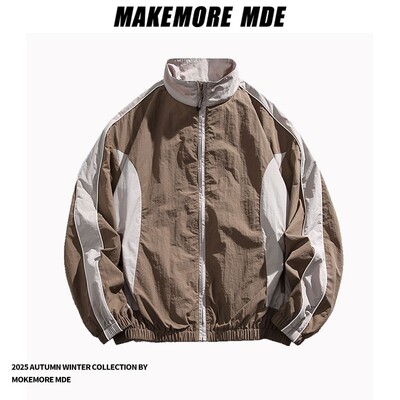 Makemore MDE立领夹克男士春秋宽松休闲日系复古情侣拼接运动外套