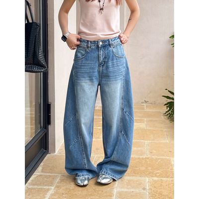 ICC春季新款 美式解构裁剪显瘦弯刀裤半弧口袋女式牛仔裤女10801