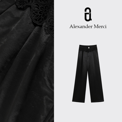 【自制系列-浮光蕾语】 醋酸缎感蕾丝腰头直筒休闲裤 D25T40525