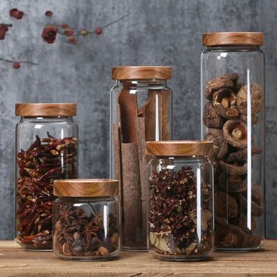 1pcs Wood Lid Orgnizer Glass Airtight Canister Kitchen Stora