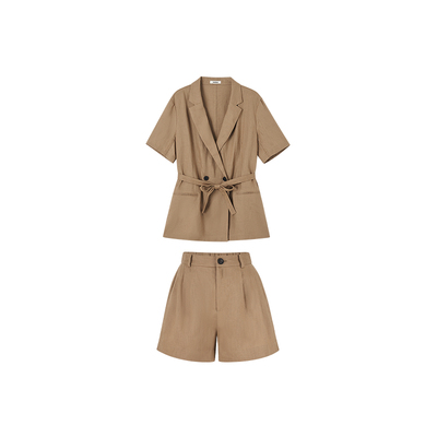 indicia标记亚麻薄款两件套休闲西装短裤套装春秋女装F2C5TZ306F