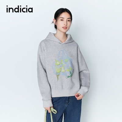 indicia标记26春季新款女装卫衣灰色休闲连帽印花上衣L2A6WY043