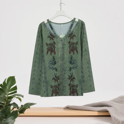 春秋国风复古印花长袖T恤女防晒