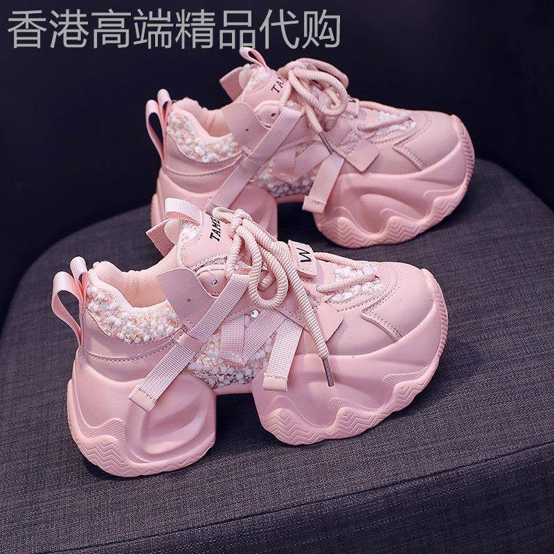香港真皮粉色厚底老爹鞋女夏2026新款网面透气休闲运动百搭休闲鞋