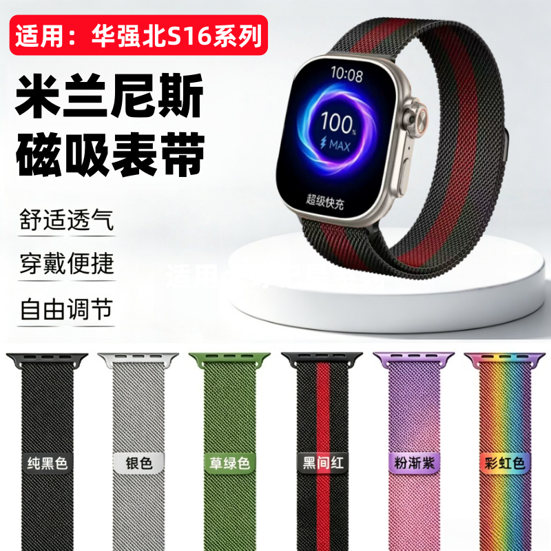 适用华强北S16ProMax手表带智能手环S16Pro米兰尼斯运动腕带s16ultra金属网面编织s16max回环磁吸s16透气表链