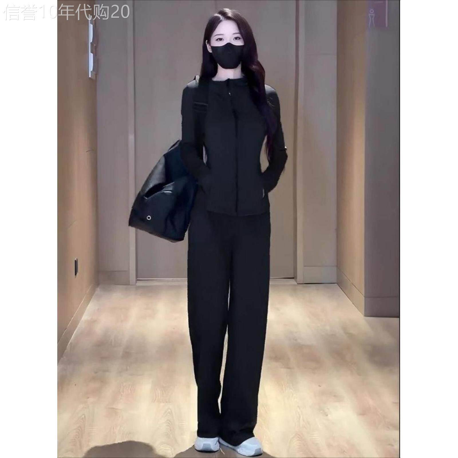 黑色休闲运动套装女健身瑜伽跑步速干防晒外套长裤秋装搭配一整套