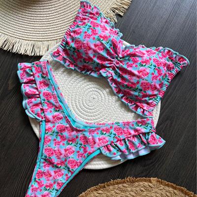 Women's split swimsuit with ruffle edge floral print bikini