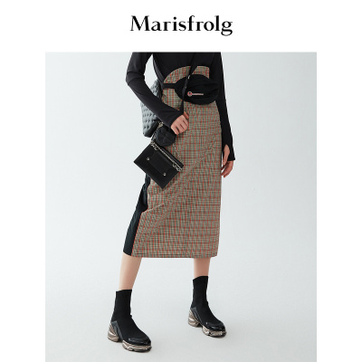 Marisfrolg玛丝菲尔秋季新款休闲时尚拼接撞色格子直筒半身裙女