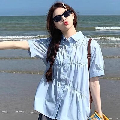 韩系慵懒风蓝色短袖衬衫女设计感
