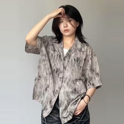 美式vintage做旧复古短袖衬衫女