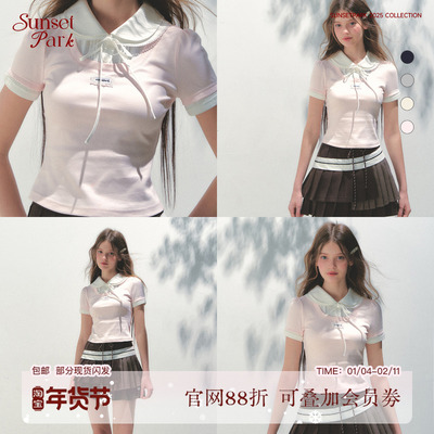 SunsetPark日落公园 Daily_少女学院风娃娃领拼接针织短袖上衣T恤