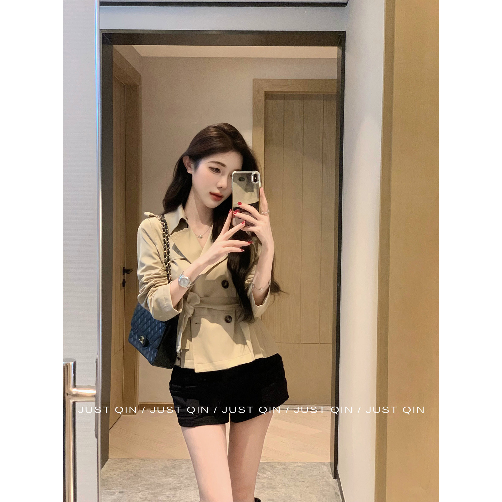 JustQin【智性欧尼】2026新款卡其色收腰显瘦短款风衣外套夹克女