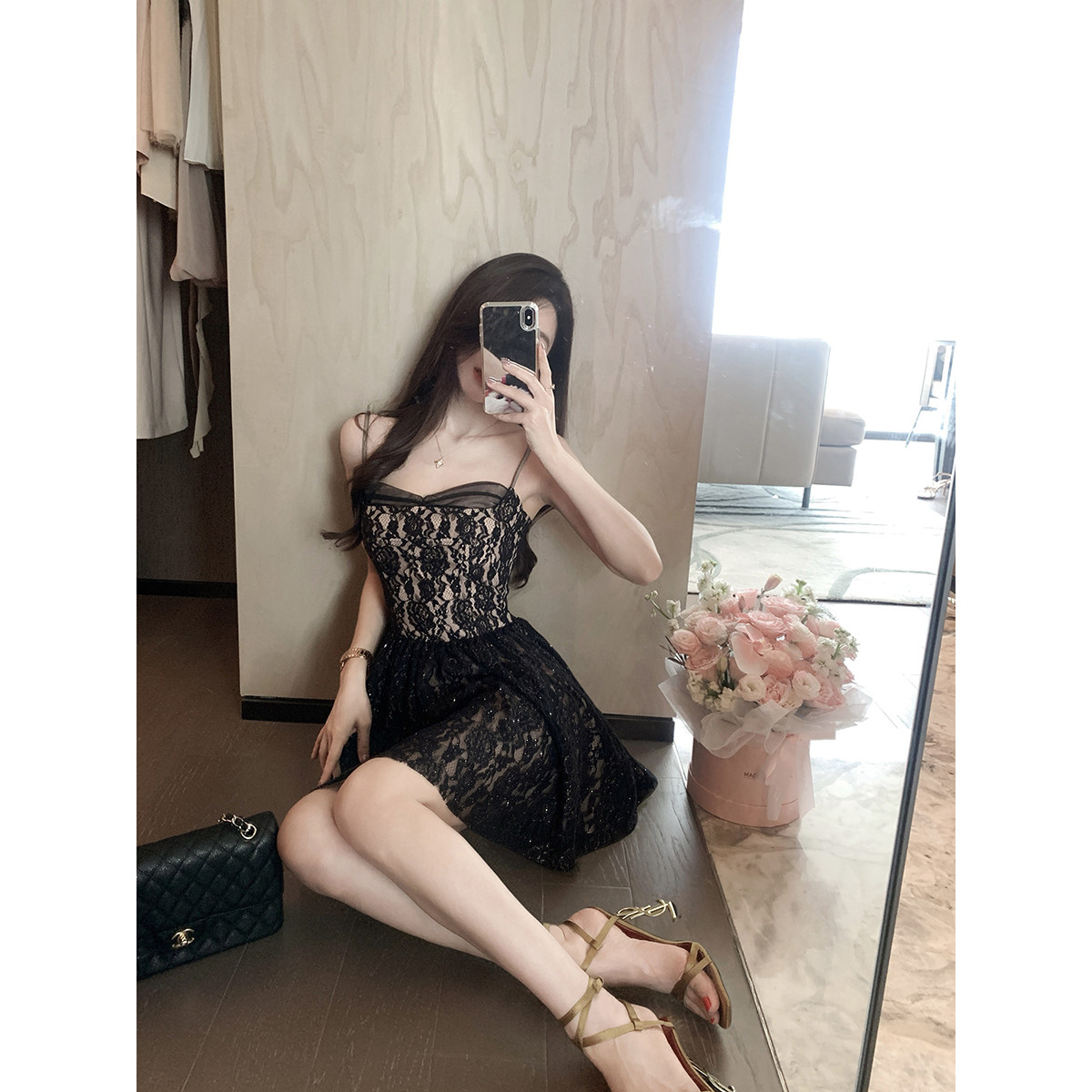 JustQin【夜魅蕾丝】2025新款夏装性感蕾丝短裙收腰吊带连衣裙女