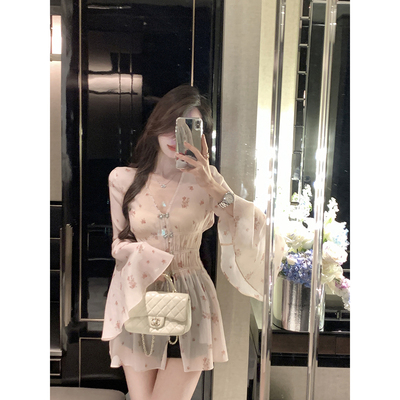 JustQin【纱木梦境】2025新款夏装小衫收腰上衣碎花雪纺衫衬衫女