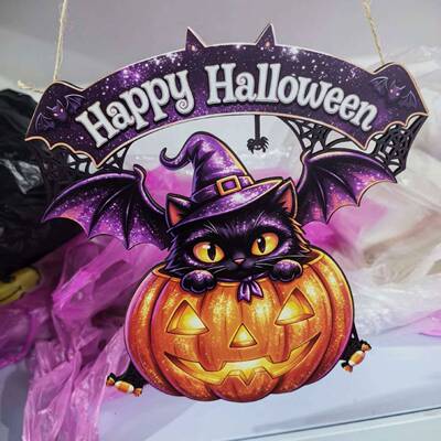 Halloween Bat Pumpkin Wooden Door Plaque 蝙蝠南瓜木挂牌