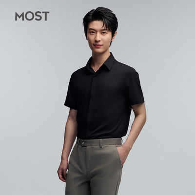 MOST/姆氏德男装黑色短袖衬衫男士夏季潮流暗扣冰丝衬衣C42150101