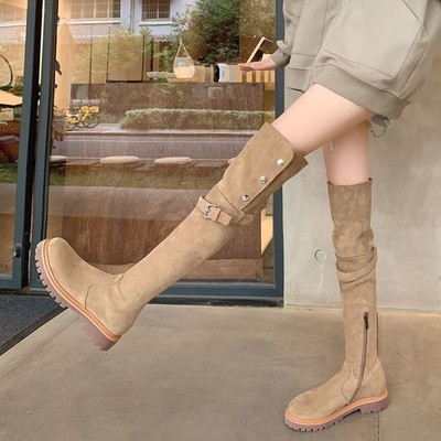 复古棕色两穿美拉德2025新款麂皮绒面粗跟增高显腿长高筒靴骑士靴