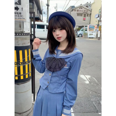 梗豆物语水玉熊本蓝水手服中间服显JK制服学院波点套装女