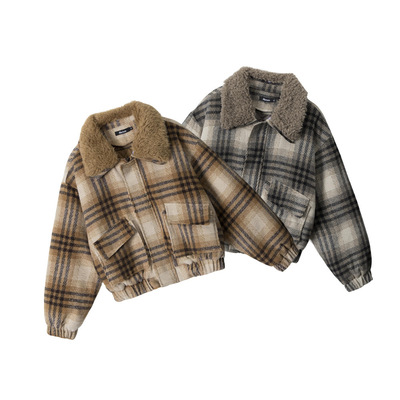 HeyHenry 2025格纹冬季羊羔毛领棉服女翻领加厚保暖夹棉短款外套