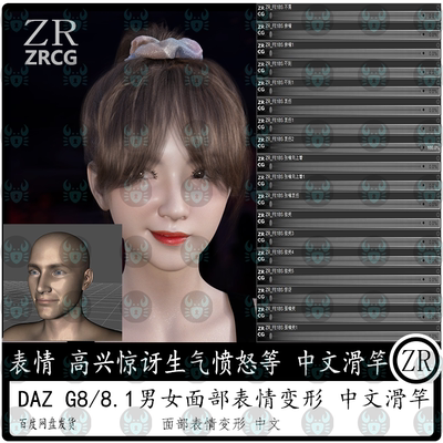 daz3d G8 8.1 女男面部表情变形插件 高兴惊讶生气 中文原创 A17