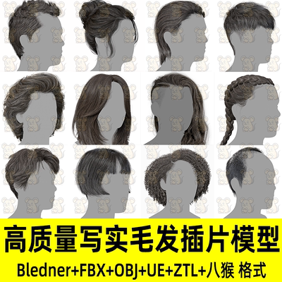 3DScanStore高质量写实毛发UE男女插片发卡3D模型Blender FBX ZTL