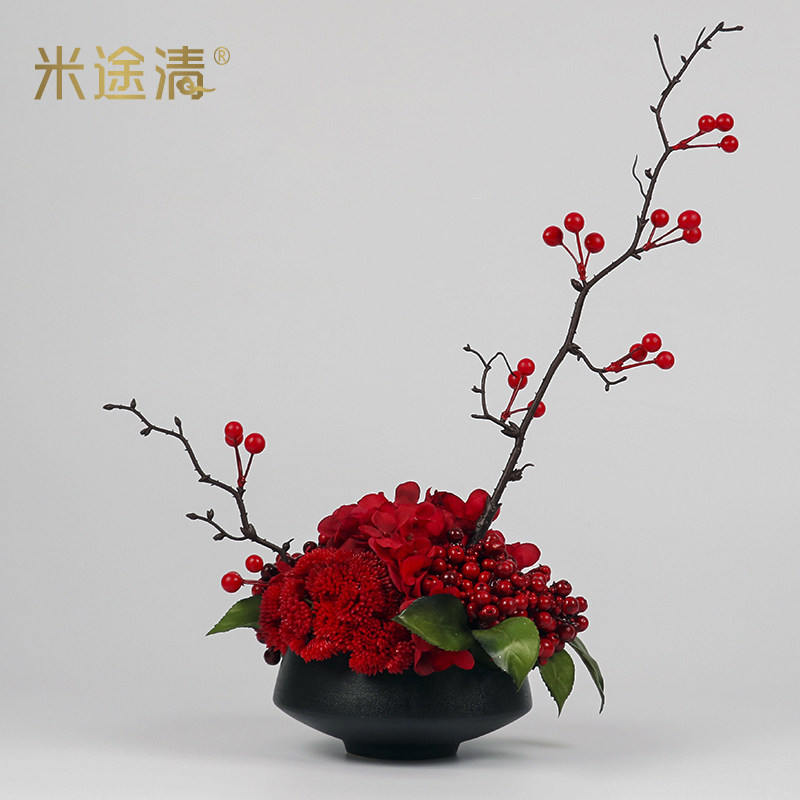 米途清新中式红色仿真花艺摆件样板房餐厅桌面花卉软装饰品摆设_虎窝淘