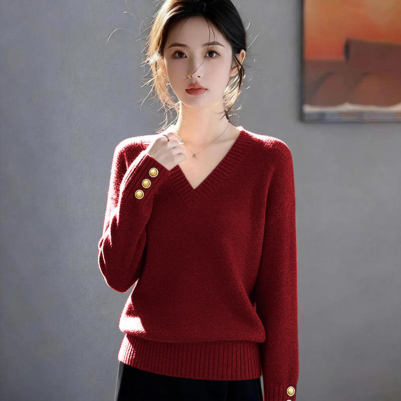 红色毛衣女2026新款今年流行爆款针织衫女修身显瘦打底衫v领上衣
