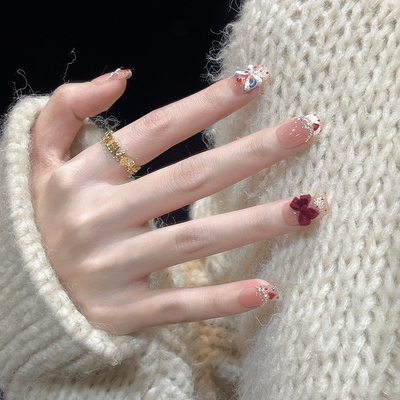 新年穿戴美甲2026新款高级感显白蝴蝶结爱心猫眼指甲贴片狮狮如意