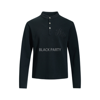 高街刺绣boxy亨利领正肩长袖T恤