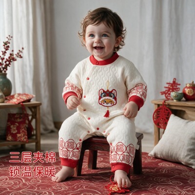 婴儿拜年服连体衣秋冬季夹棉哈衣