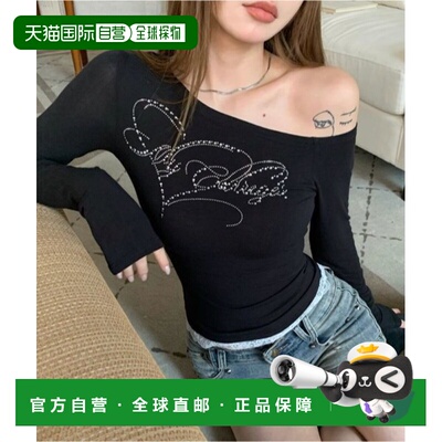 日本直邮EIZZ 女士 单肩斜领亮片logo长袖蕾丝下摆修身T恤 DEZ175