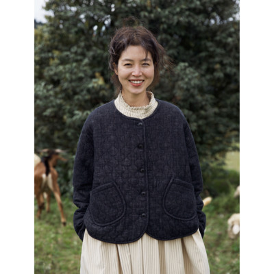 复述朴质感色织亚麻棉面料棉服 秋冬深灰色葫芦绗棉简约外套