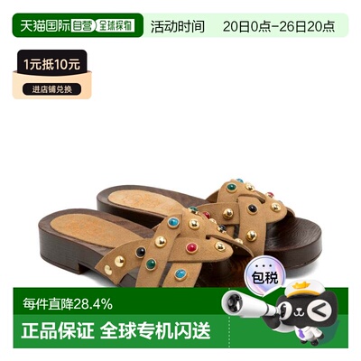 欧洲直邮PORRONET西班牙手工真皮彩钻低跟凉鞋GRACIA骆驼色女轻奢